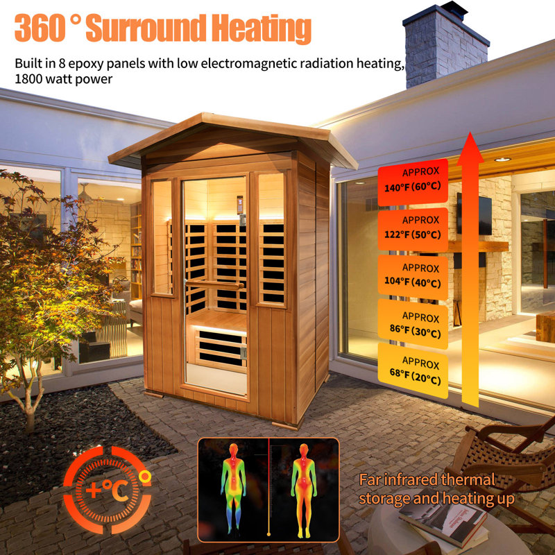 OUTEXER Outdoor 1800W Cedar and Hemlock FAR Infrared Sauna Room 2 Person Saunas with App Control ...